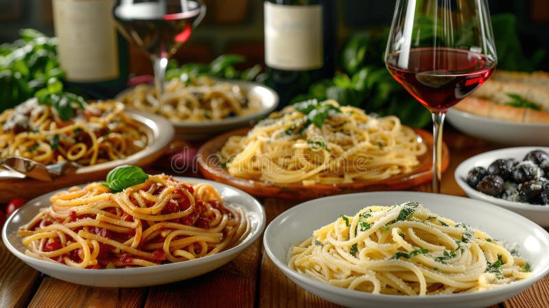 A Table Set with Pasta Dishes and Wine Glasses Stock Photo - Image of ...