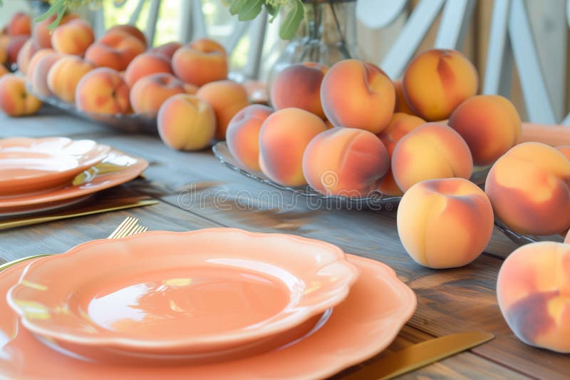 Table Set with Peachcolored Plates and Whole Peaches As a Centerpiece ...