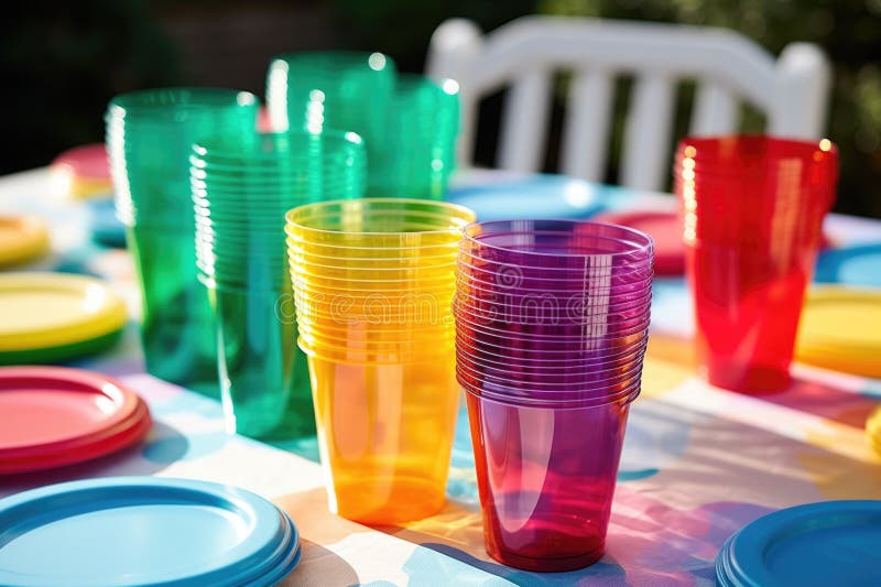 A Table Set with Plastic Cups and Plates Stock Image - Image of picnic ...