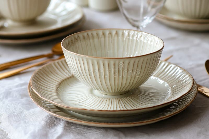 A Table Set with Plates, Cups and Spoons on a Table Cloth Stock ...