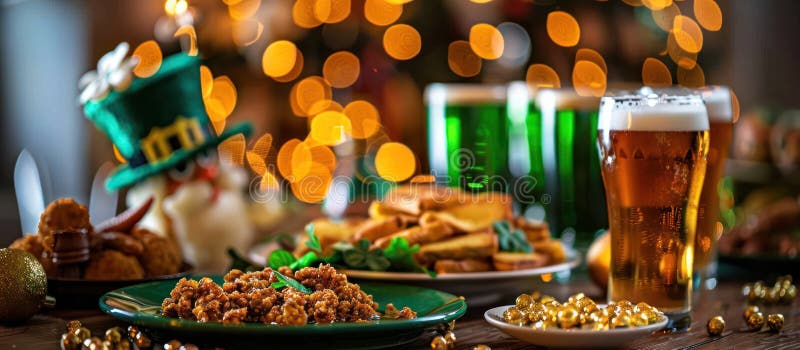 Table Set with Plates of Food and Glasses of Beer Stock Photo - Image ...