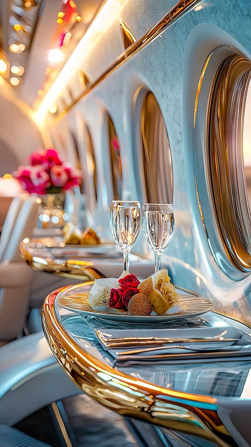 A Table Set for a Romantic Dinner in the Middle of a Private Jet Stock ...