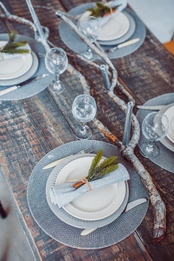 Table Set Service with Silverware and Glass Stemware Stock Photo ...