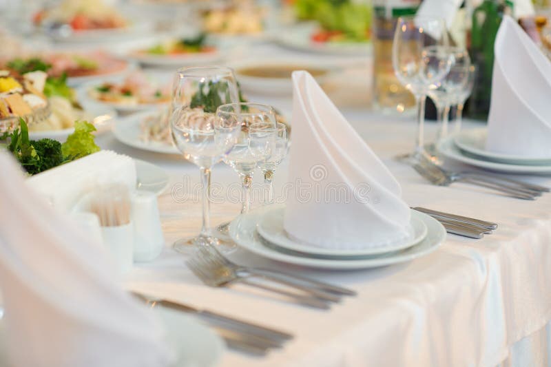 Table Set Service with Silverware and Glass Stemware at Restaurant ...