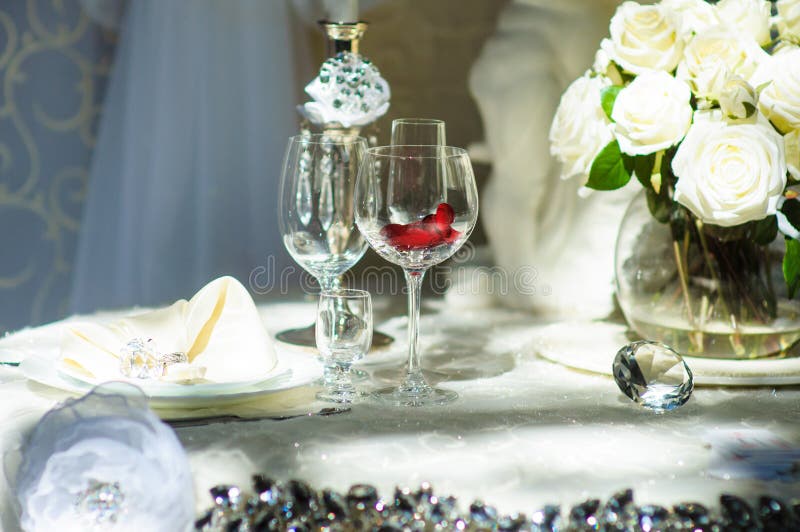 Table Set Service with Silverware and Glass Stemware at Restaurant ...