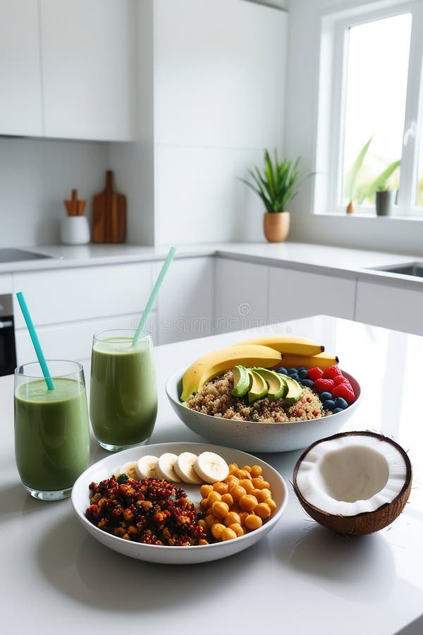 Table Set with Smoothies, Granola Bowls, and Fruit Slices Stock ...