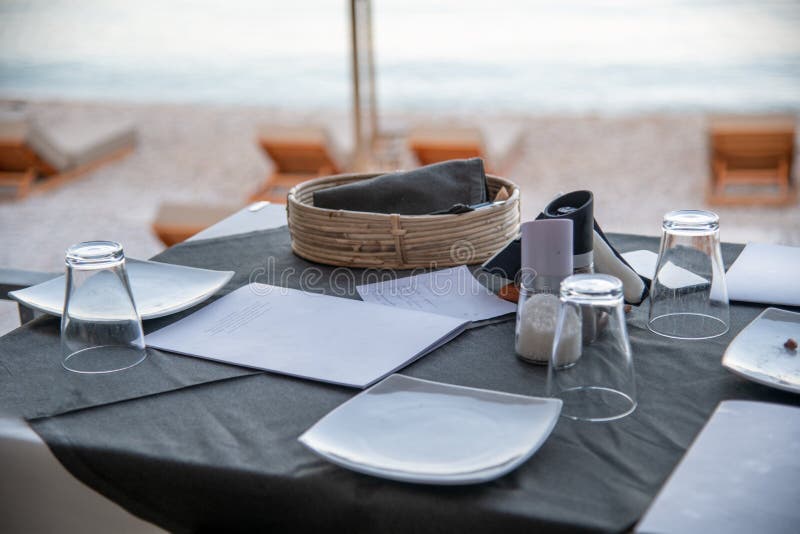 Table Set at Sunset with an Ocean View Stock Image - Image of hotel ...