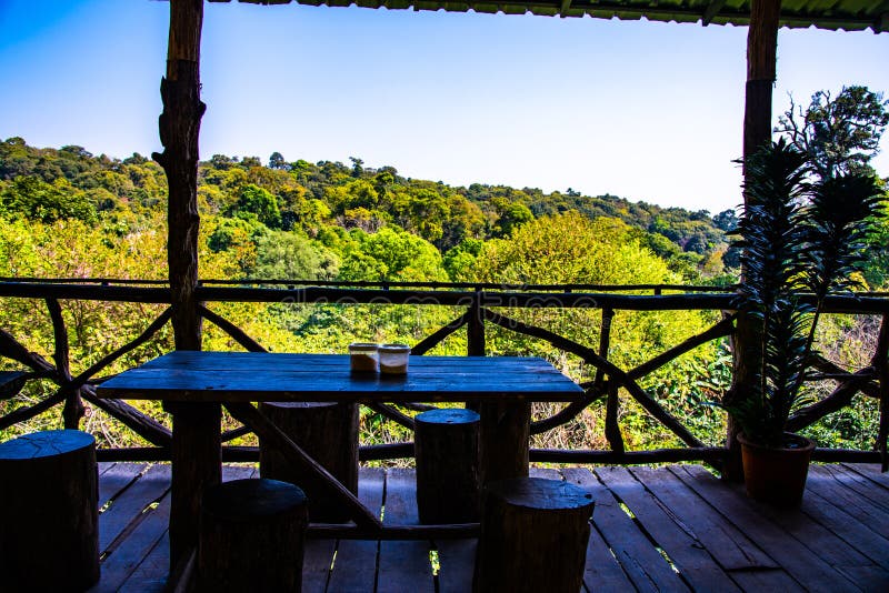 Table Set with Terrace and Take in the Forest View Stock Image - Image ...