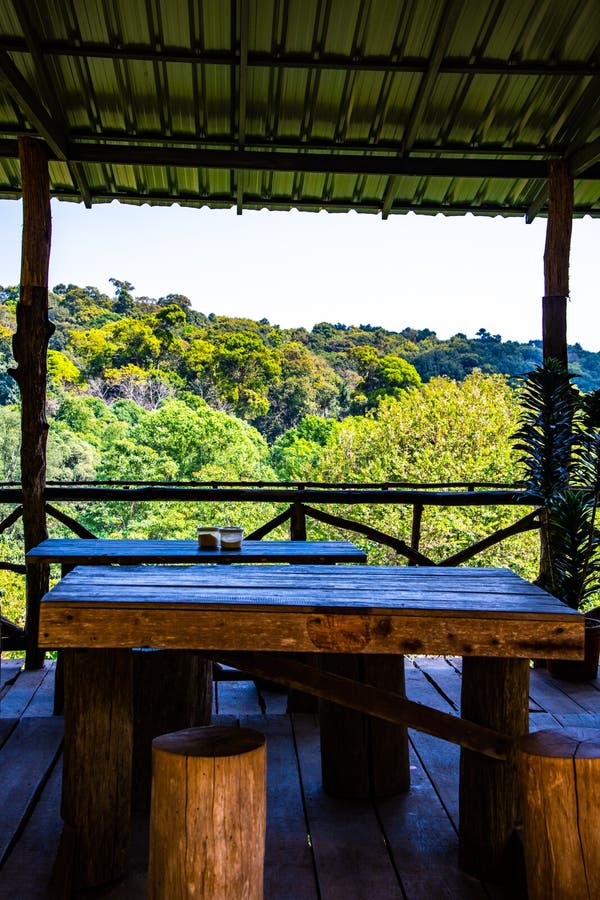 Table Set with Terrace and Take in the Forest View Stock Image - Image ...