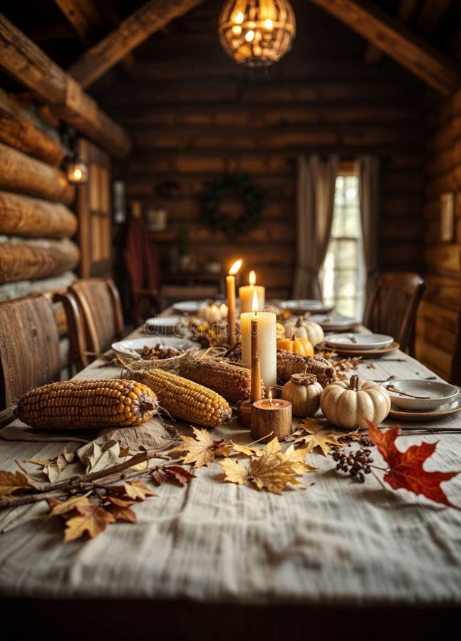 A Table Set for Thanksgiving in a Rustic Log Cabin with Corns and ...