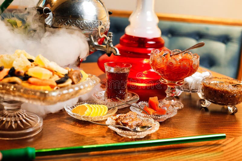 Traditional Middle Eastern Hookah Setup with Snacks Stock Image - Image ...