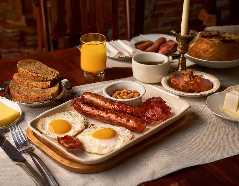 A Table Set for a Traditional Irish Breakfast, Featuring Sausages ...