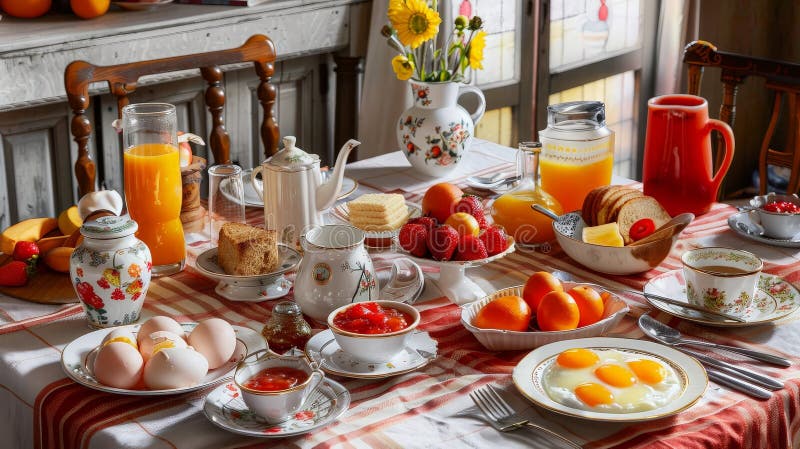 Table Set for a Typical Family Breakfast and Fresh Fruit. Generative Ai ...