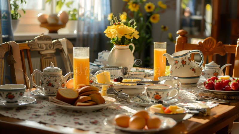 Table Set for a Typical Family Breakfast and Fresh Fruit. Generative Ai ...