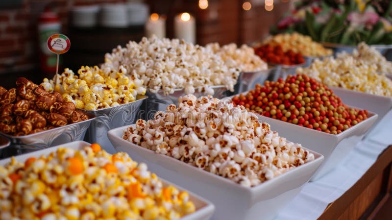 A Table Set Up with Different Popcorn Flavor Stations Each Featuring a ...
