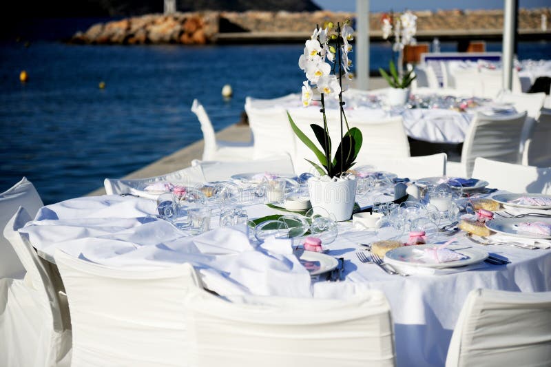 Table Set Up at the Beach Wedding Stock Image - Image of preparation ...