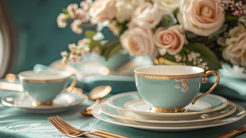 A Table is Set with a Variety of White Plates, Cups, and Silverware ...