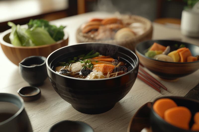 A Table Set with Various Asian Dishes and Chopsticks Ready for Use ...
