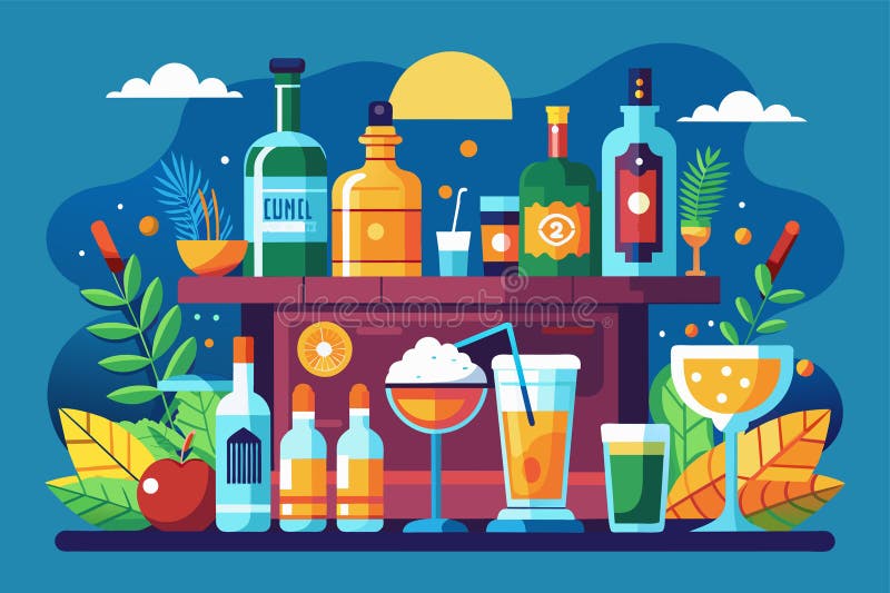 A Table is Set with Various Bottles and Glasses Filled with Drinks for ...