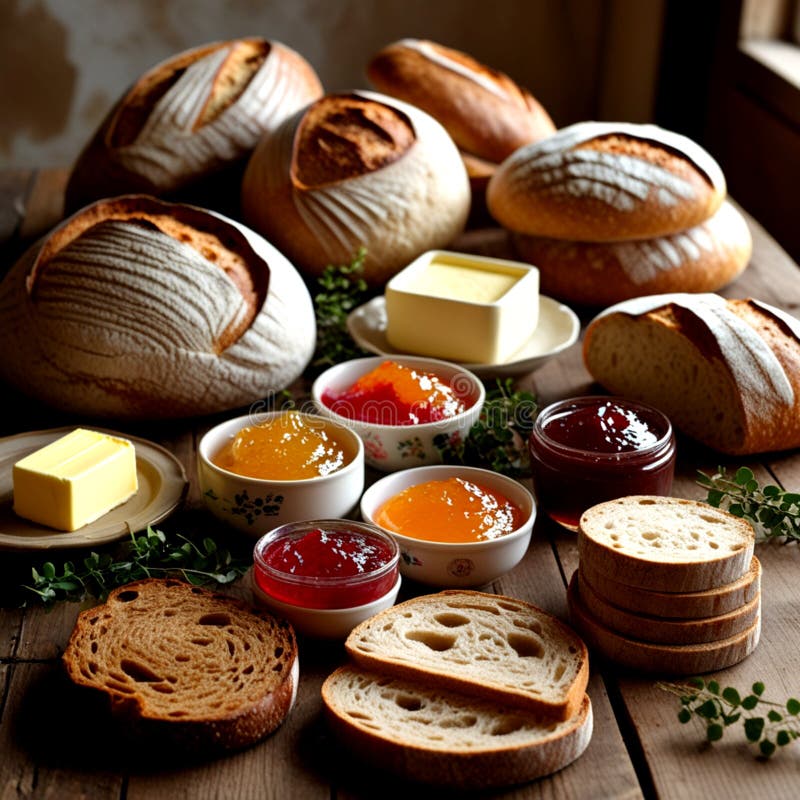 A Table Set with Various Foods, Including Bread, Butter, Jam Stock ...