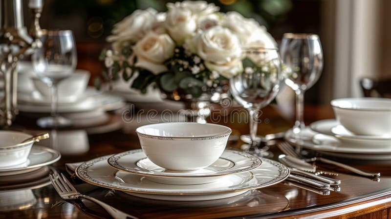 Table Set with White Dishes and Silverware Stock Photo - Image of ...