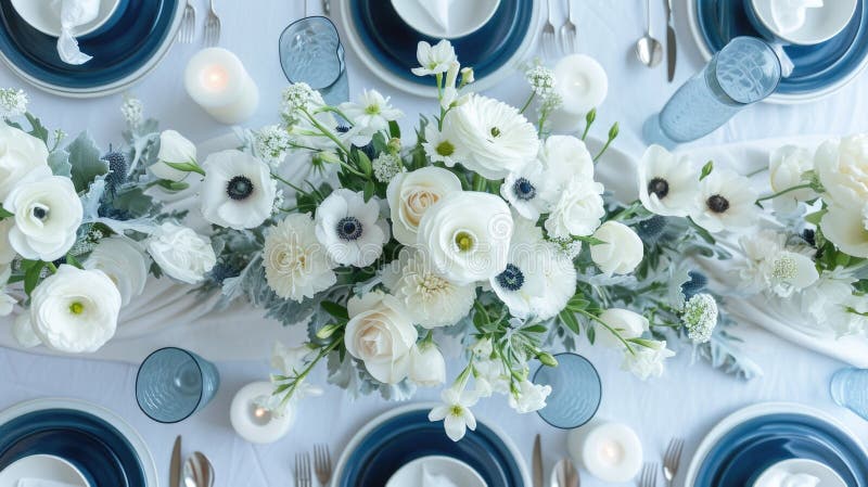 A Table is Set with White Flowers and Blue Plates, Blue and White Table ...