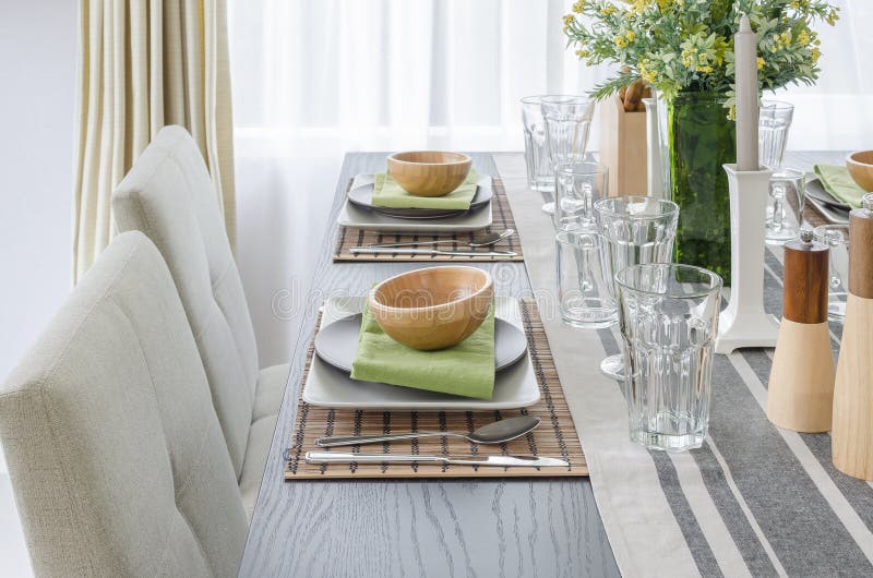Table Set on Wooden Dinning Table with Wooden Bowl Stock Photo - Image ...