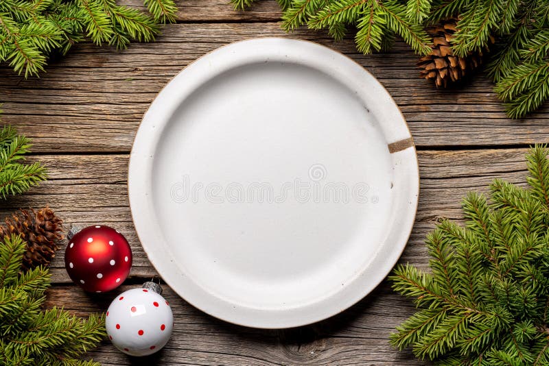 Table Setting from Above with Empty Plate, Christmas Fir Tree Stock ...