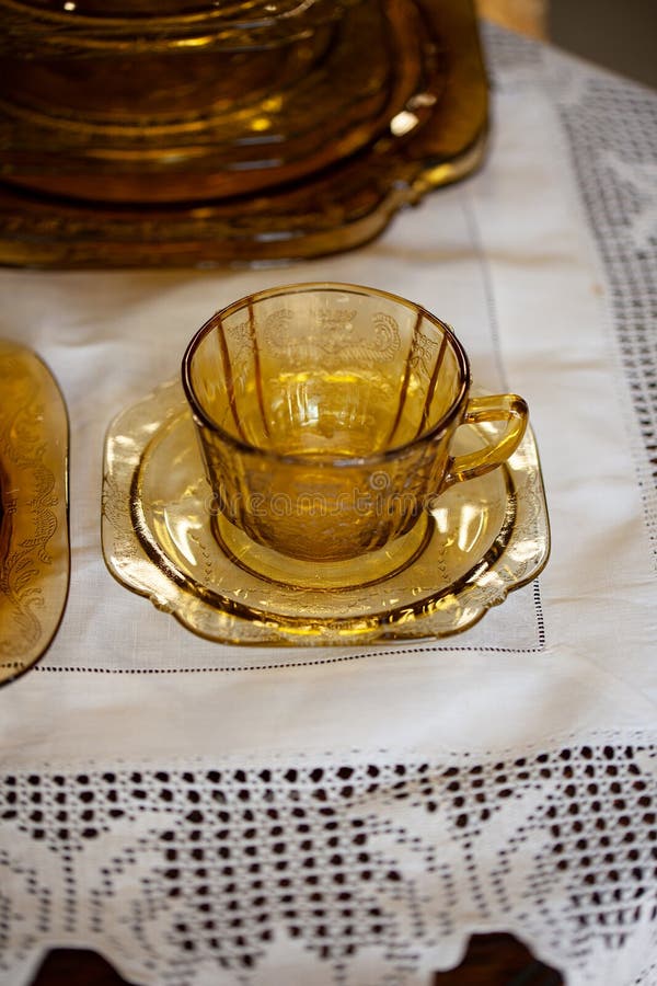 Table Setting with Antique Tea Glass Set with Filigree Pattern. Stock ...