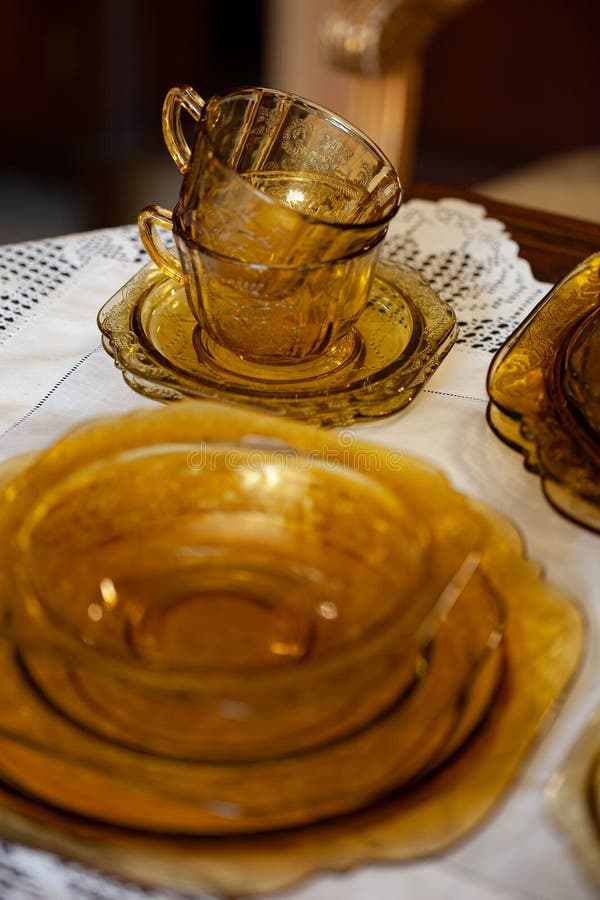 Table Setting with Antique Tea Glass Set with Filigree Pattern. Stock ...