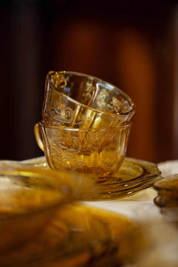 Table Setting with Antique Tea Glass Set with Filigree Pattern. Stock ...