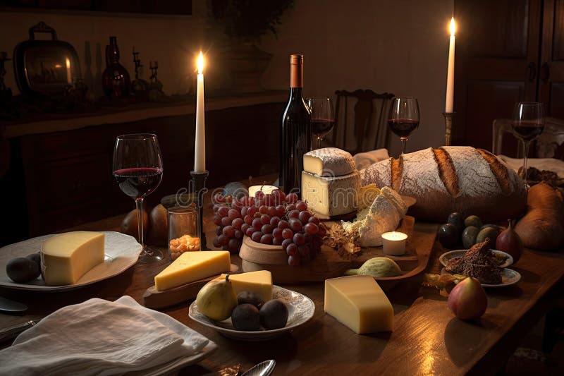Table Setting with Artisan Bread, Cheese, and Wine for Elegant Evening ...