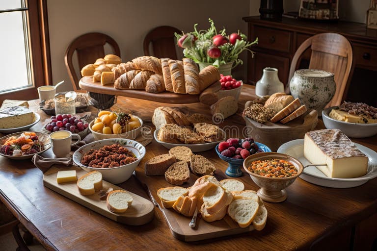 Table Setting with Assortment of Artisan Breads, Cheeses, and Spreads ...