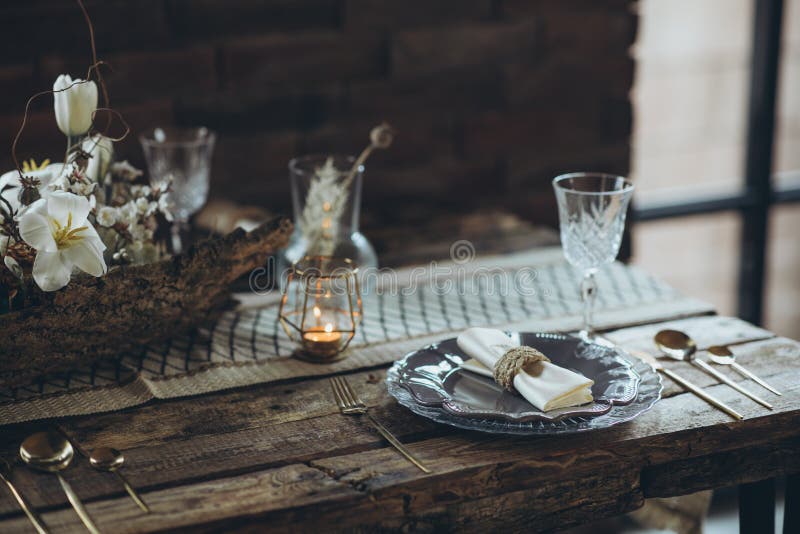 Table Setting. a Beautifully Decorated Table in a Rustic Style Stock ...