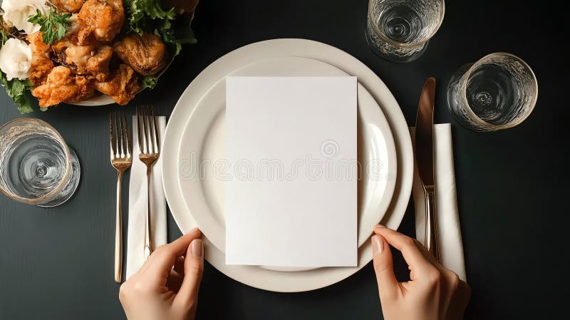 Table Setting with Blank Menu Card on a Plate, Surrounded by Cutlery ...