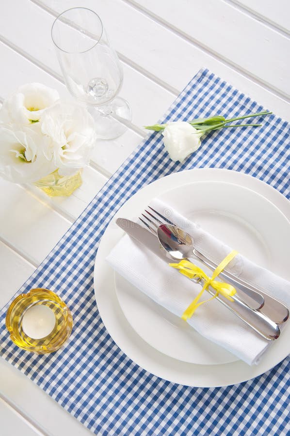 Table Setting with Blue Checkered Tablecloth, White Napkin and Y Stock ...