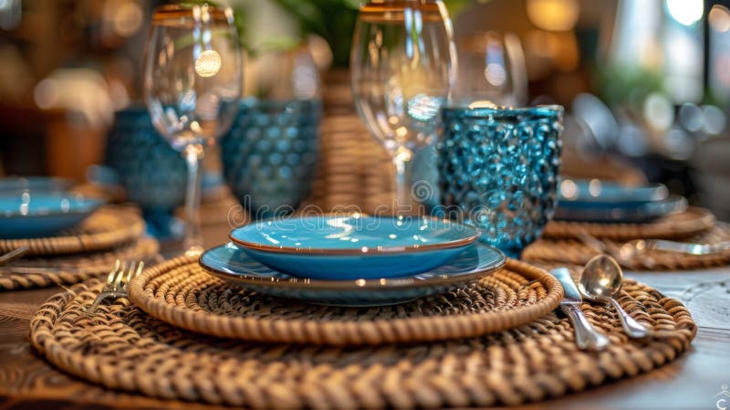 A Table Setting with Blue Plates and Glasses on a Woven Mat, AI Stock ...