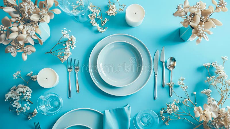 A Table Setting with Blue Plates and Silverware Stock Photo - Image of ...