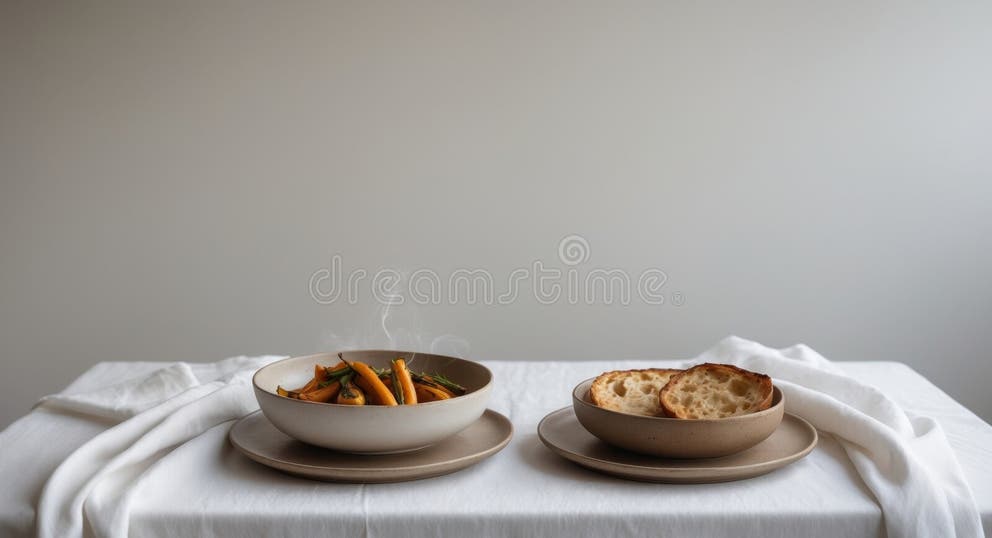 Table Setting with Bowl of Food and Bowl of Bread for a Meal ...