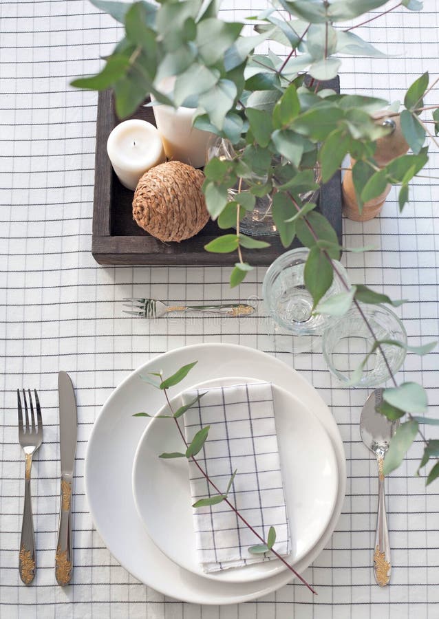 Table Setting with Branches of Eucalyptus Stock Image - Image of black ...