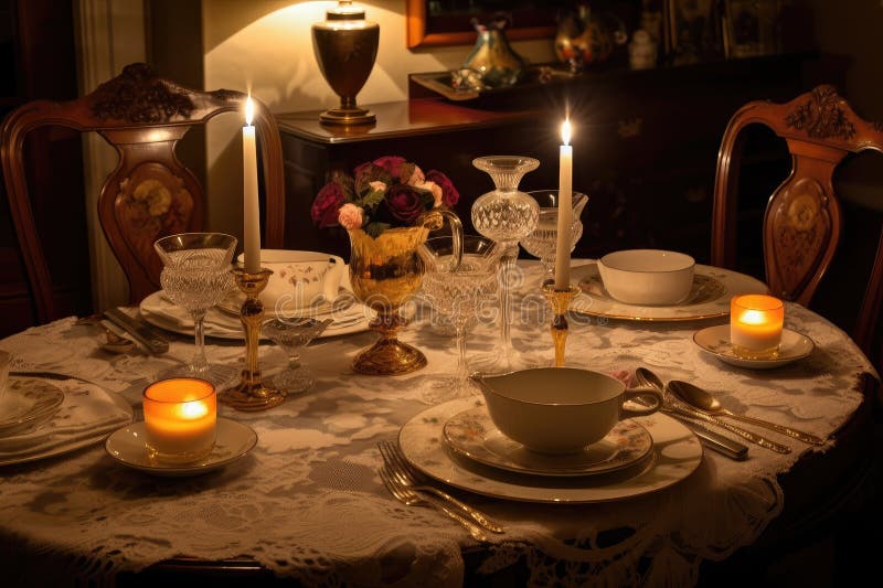Table Setting with Candlelight and Fine China for a Romantic Evening ...