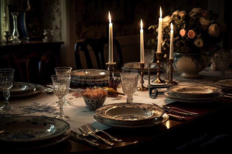 Table Setting for Candlelit Dinner, with Place Settings and Fine China ...