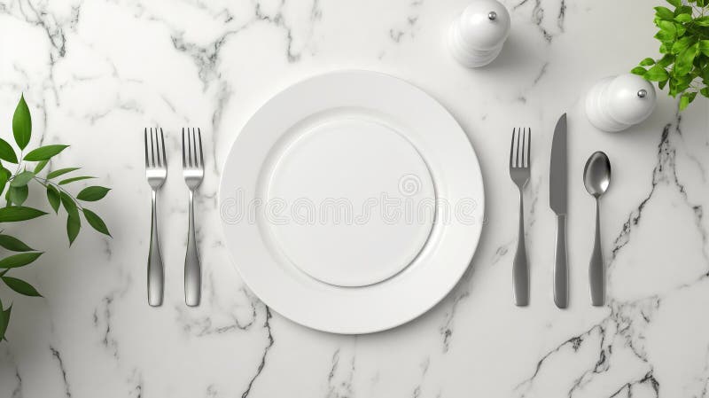 Table Setting with Clean White Plate and Cutlery on a Marble Surface ...