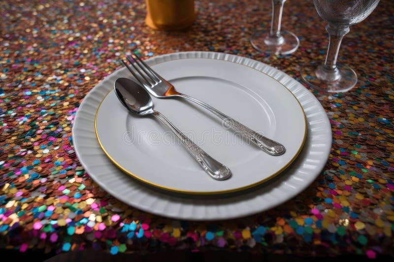 Table Setting with Colorful Confetti and Silverware for Wedding ...