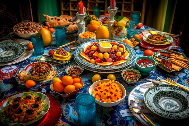 Table Setting with Colourful Ramadan Halal Food. Generative AI Stock ...