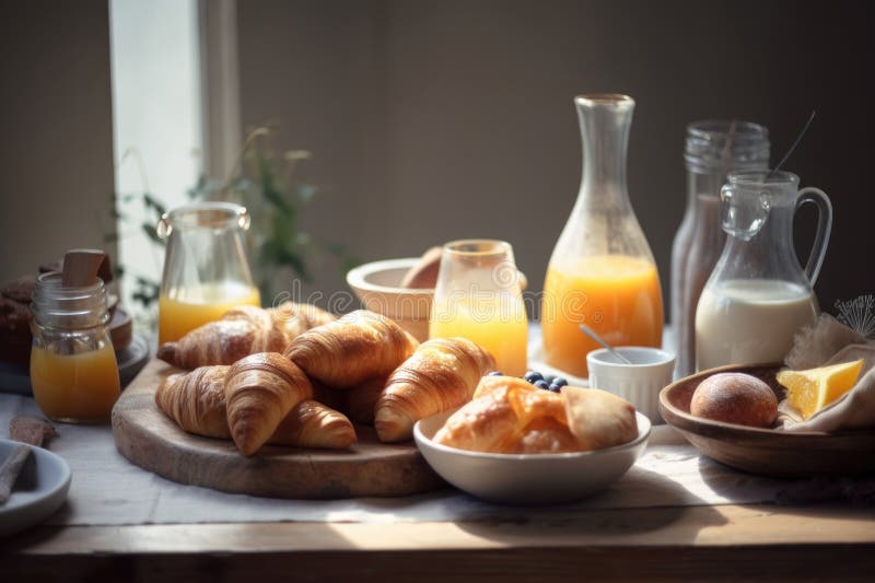 Table Setting with Croissants, Jams and Pastries for Breakfast or ...
