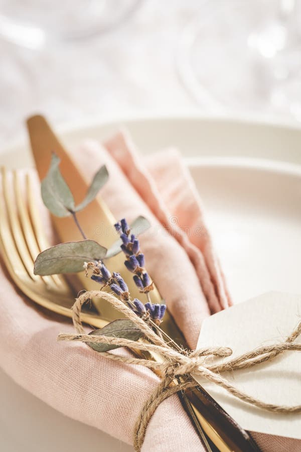 Table Setting Details on White Plates. Stock Photo - Image of romantic ...