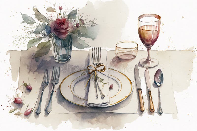 Table Setting Drawing with Bit of Watercolour Stock Illustration ...