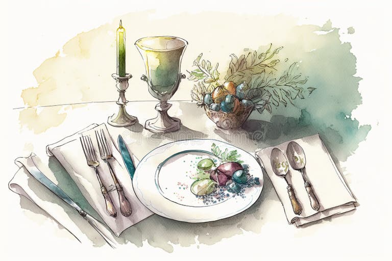 Table Setting Drawing with Bit of Watercolour Stock Illustration ...