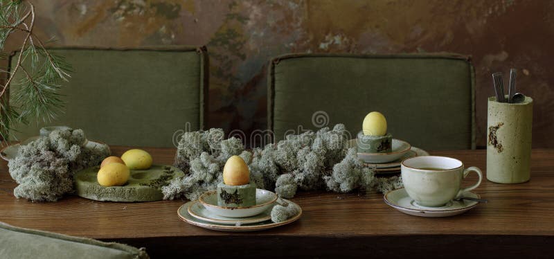Table Setting for Easter Dinner Decorated with Forest Moss, Eggs ...